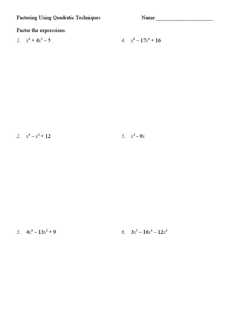 Worksheet Factoring Using Quadratic Techniques | PDF