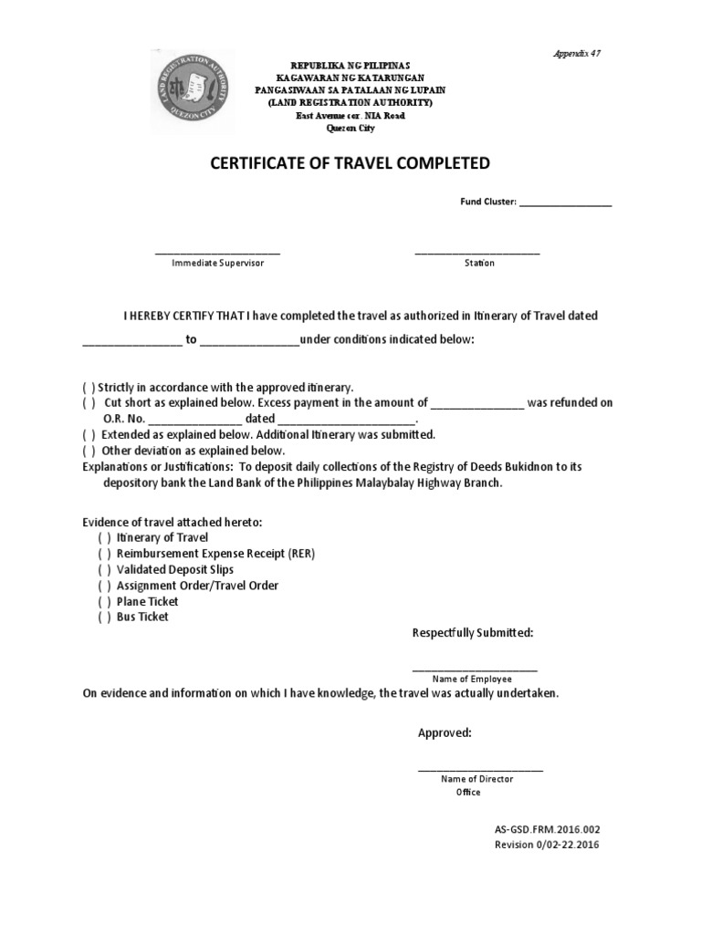 Certificate of Travel Completed | PDF | Banking | Government
