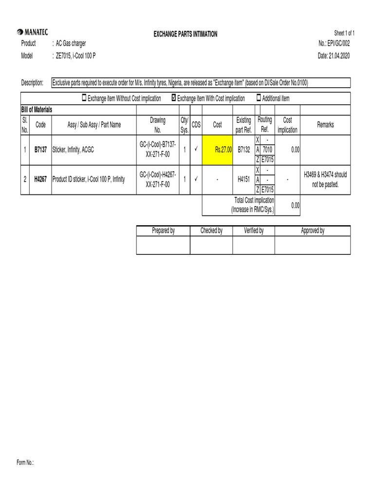 Exchange Parts Intimation: Sheet 1 of 1 | PDF | Business