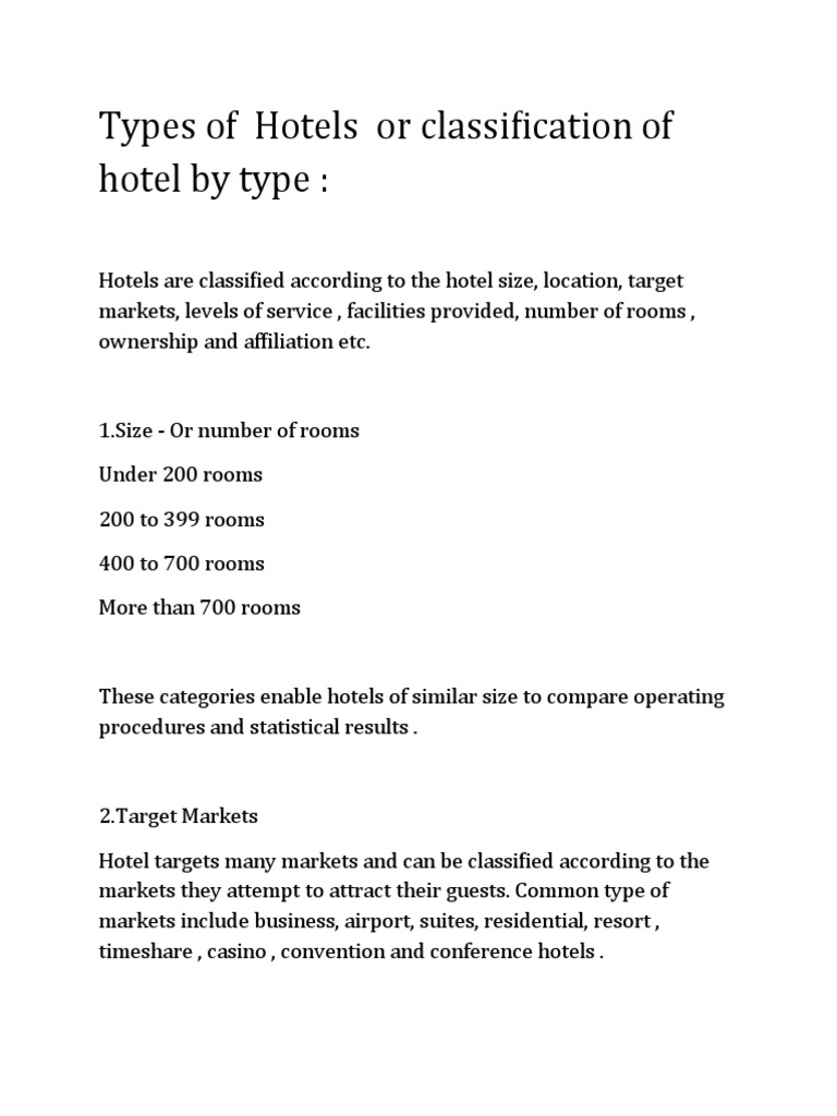 Types of Hotels or Classification of Hotel by Type | PDF | Resort | Hotel