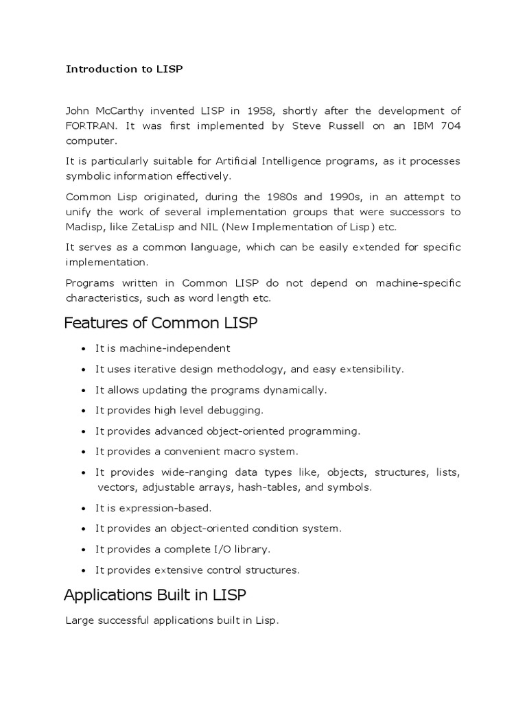 Introduction To Lisp | PDF | Computer Science | Computer Engineering