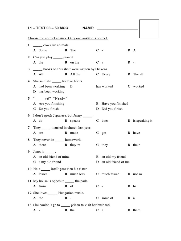 English Grammar MCQ Test | PDF