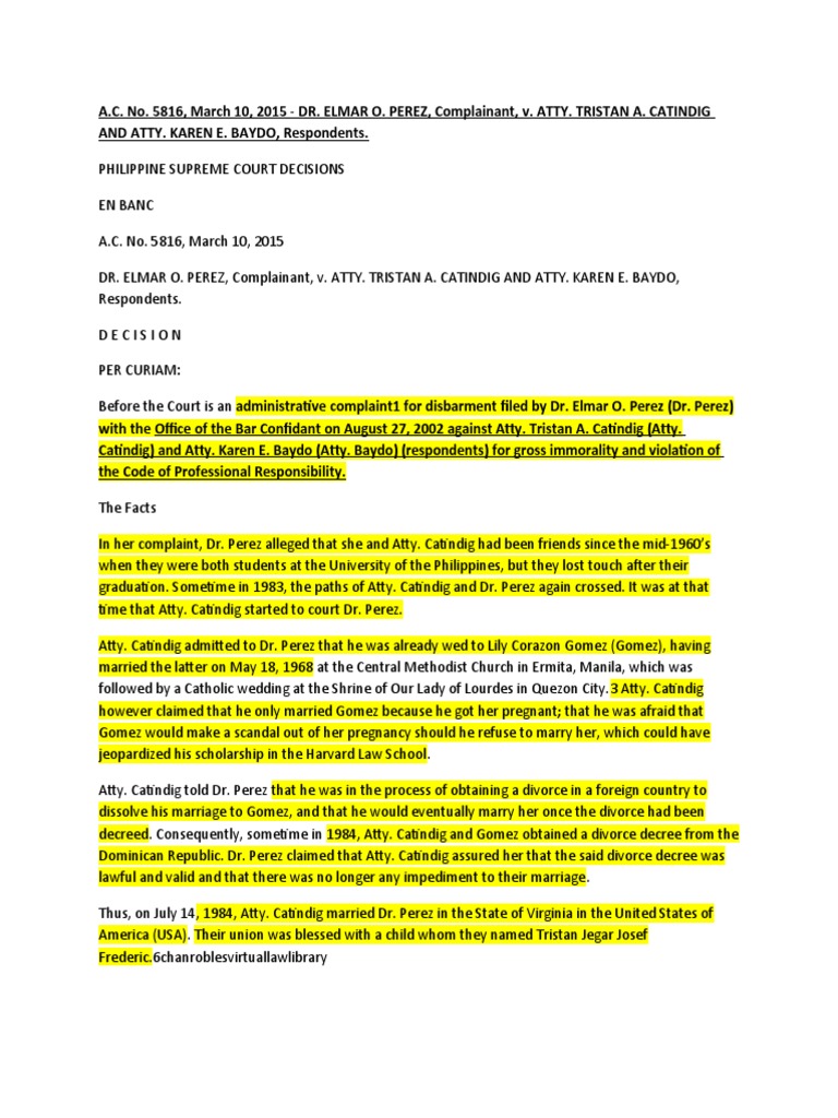 Dr. Elmar O. Perez v. Atty. Tristan A. Catindig and Atty. Karen E ...