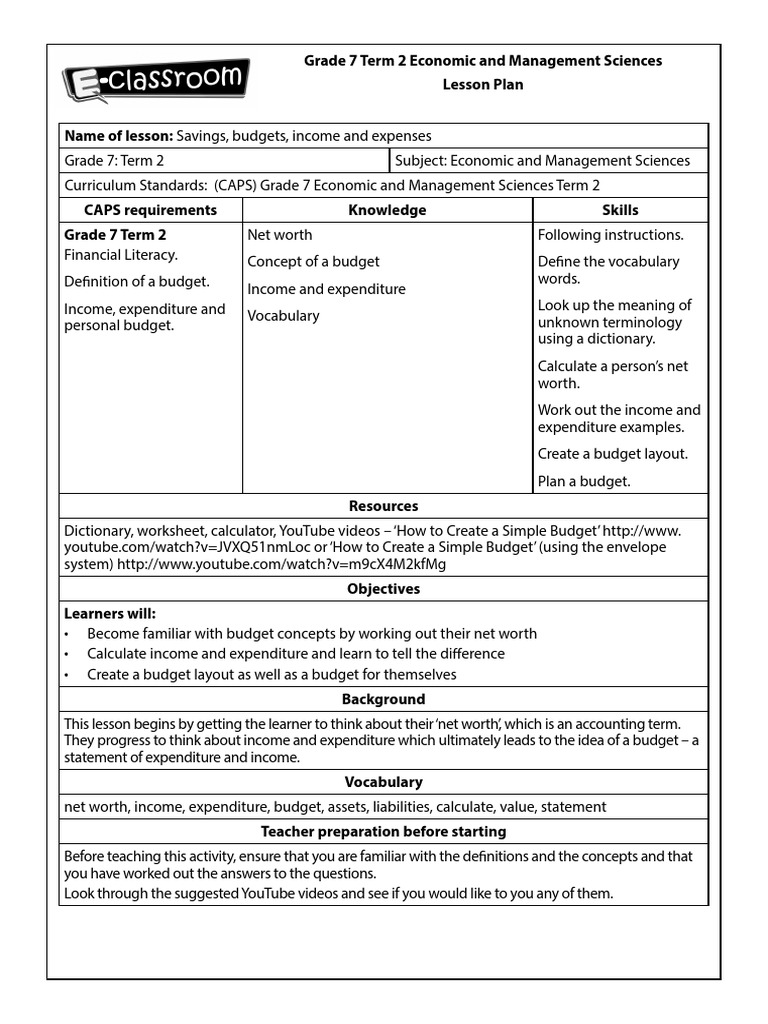 Engg7t2 Ems Savings Budgets Income and Expenses Lesson Plan | PDF ...