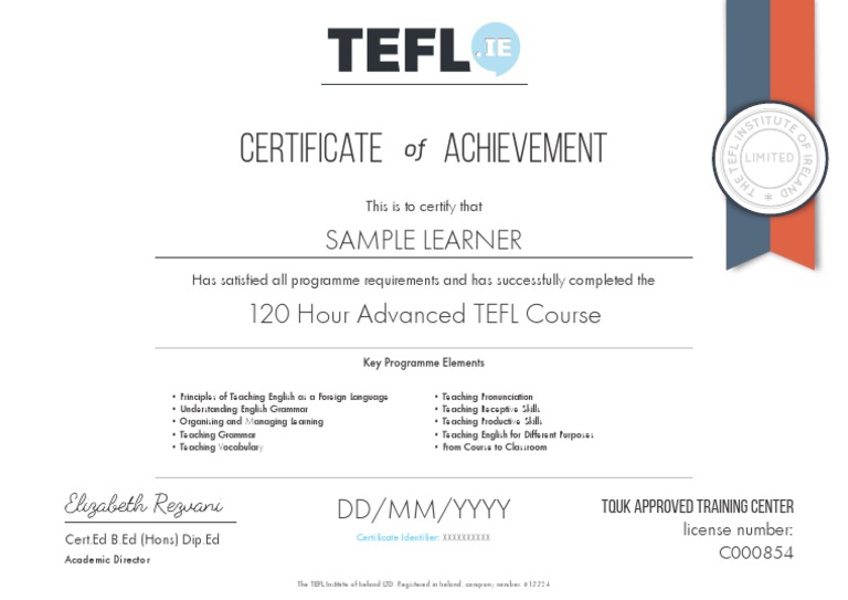 Certificate Achievement Sample Learner 120 Hour Advanced Tefl Course