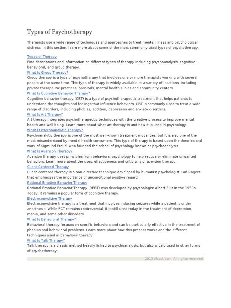 Types of Psychotherapy | PDF | Cognitive Behavioral Therapy | Behaviour ...
