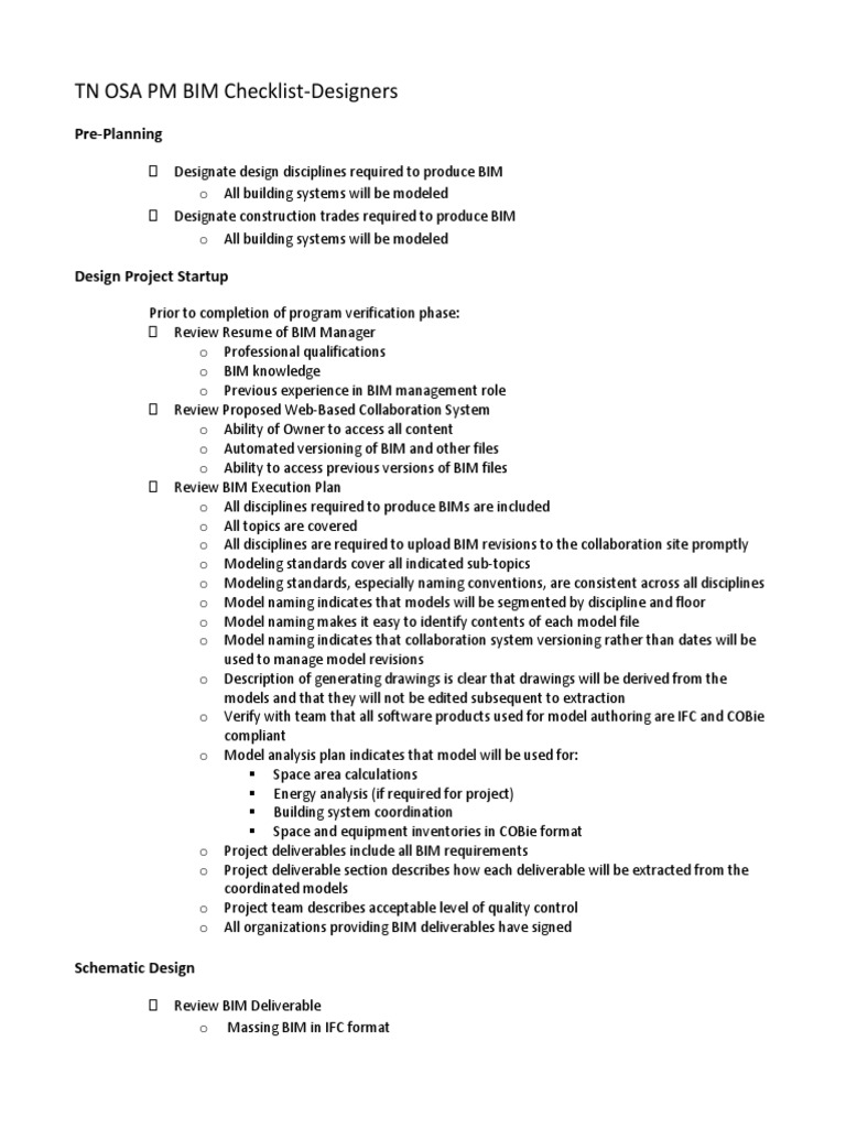 TN OSA PM BIM Checklist-Designers: Pre-Planning | PDF | Building ...