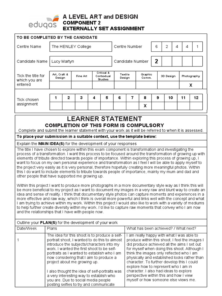 Component 2 Learner Statement Y2 | PDF | Selfie | Idea