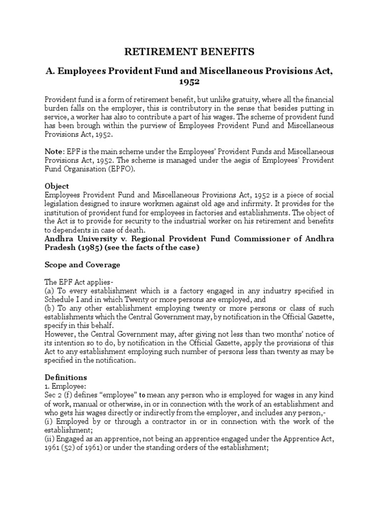 Retirement Benefits: A. Employees Provident Fund and Miscellaneous ...