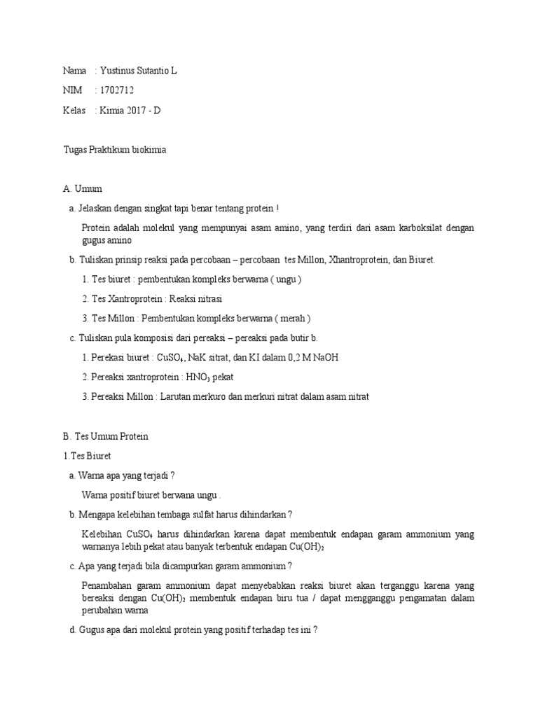 Yustinus Sutantio L - 1702712 - Pralab Biokim | PDF