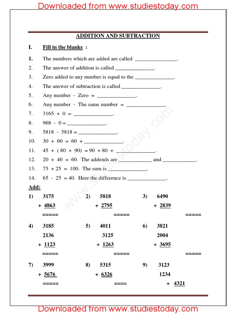CBSE Class 3 Mathematics - Addition & Subtraction PDF | PDF ...