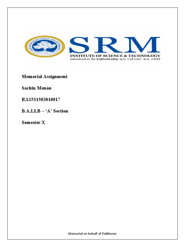 Memorial Assignment Sachin Menon RA1531502010017 B.A.LLB - A' Section ...