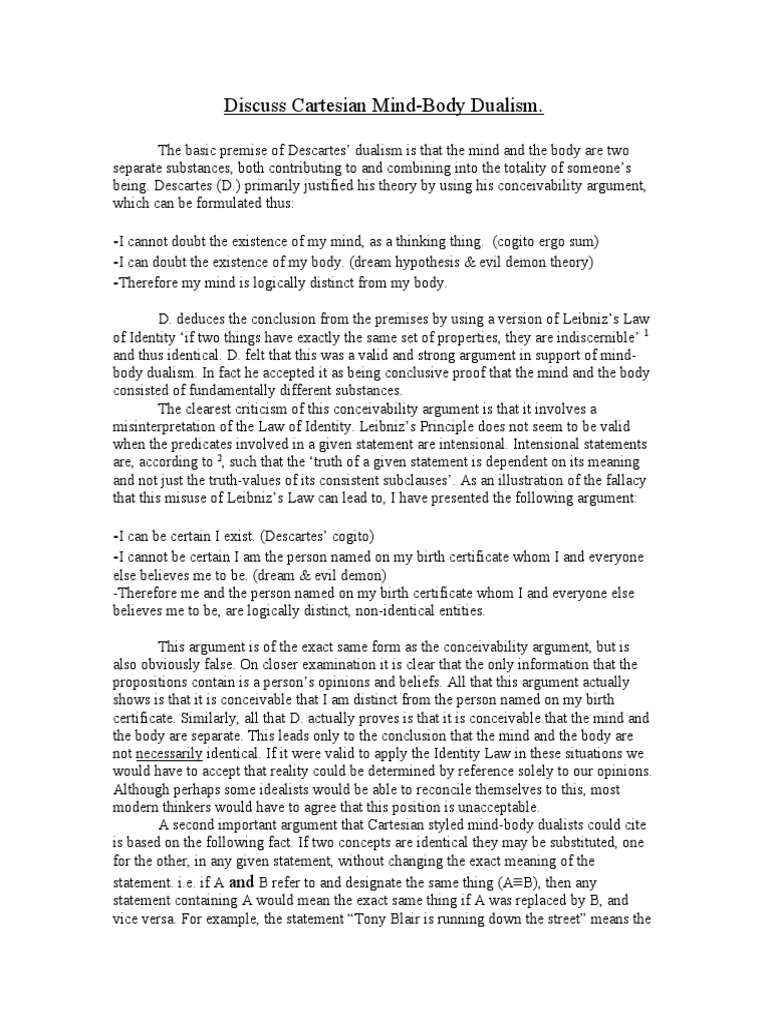 Discuss Cartesian Mind-Body Dualism | PDF | Argument | Consciousness