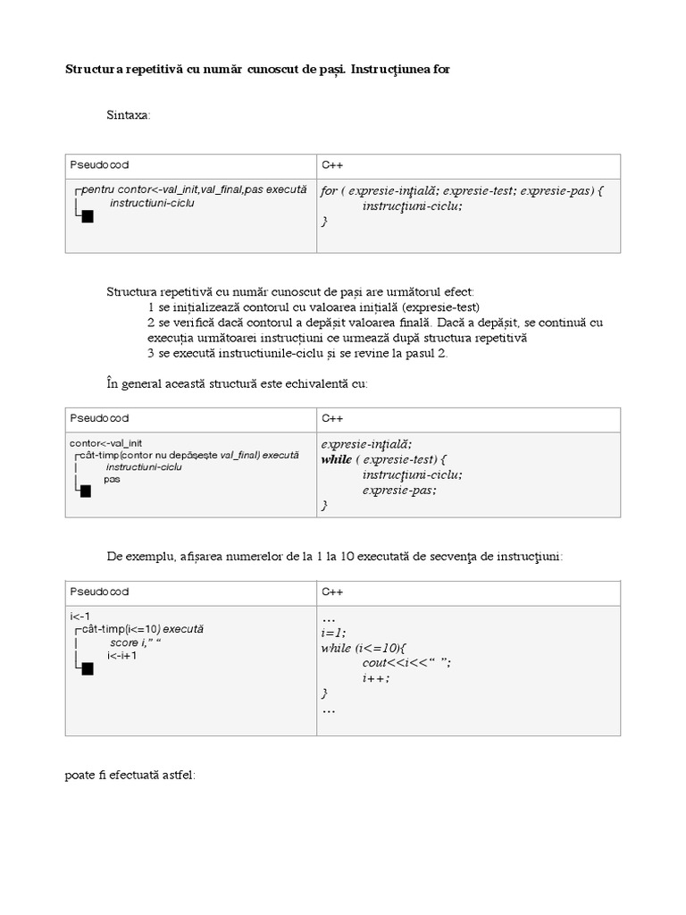 Structura Repetitiva Cu Numar Cunoscut de Pasi | PDF