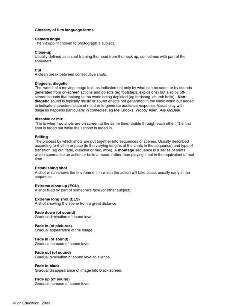 Bfi Glossary of Film Language Terms | PDF | Camera | Imaging