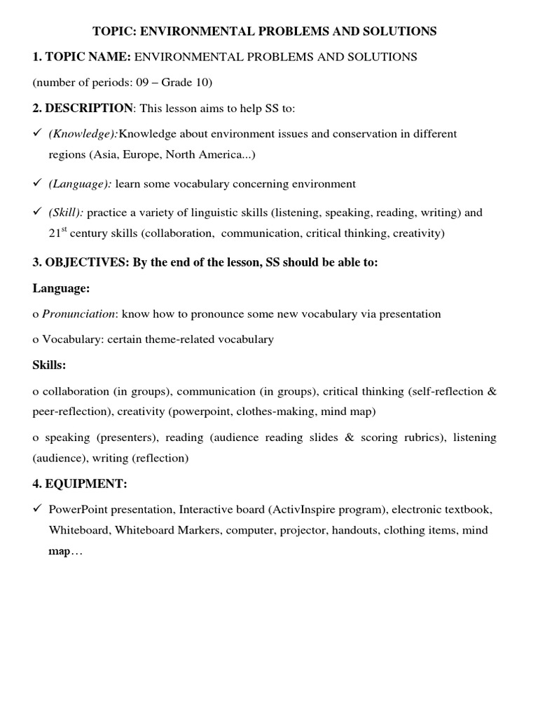 Topic: Environmental Problems and Solutions 1. Topic Name ...