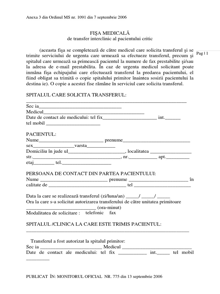 Fisa Transfer Pacient Critic | PDF