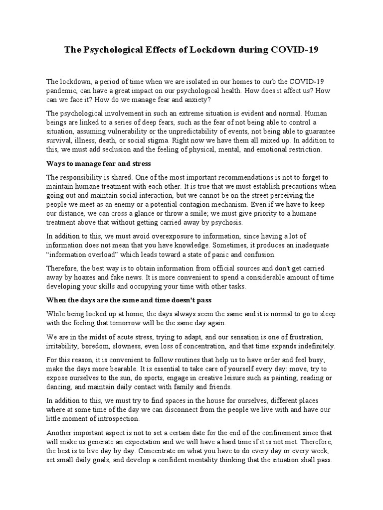 Psychological Impact of Lockdown | PDF | Stress (Biology) | Mental Health