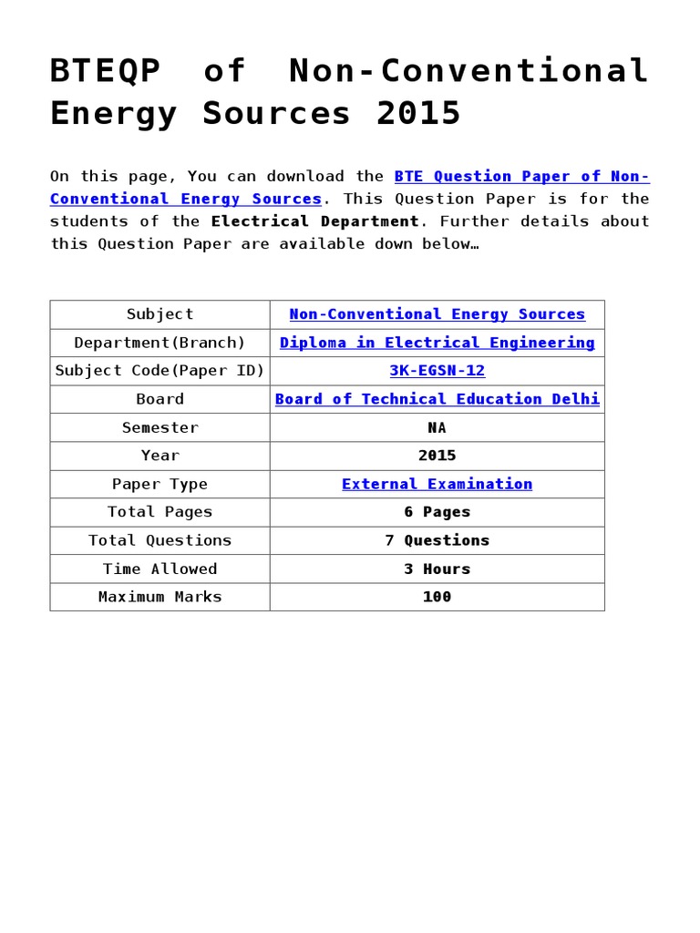 BTE Non-Conventional Energy Paper 2015 | PDF | Technology & Engineering