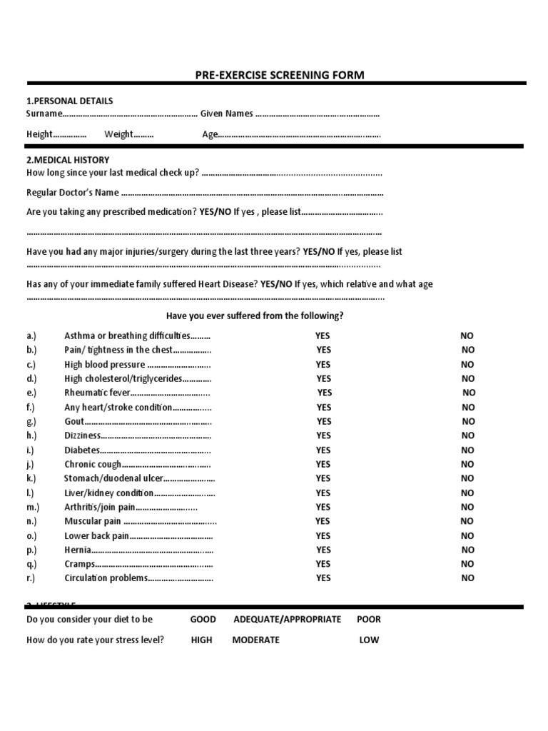 Pre-Exercise Screening Form: 1.personal Details | PDF | Health Sciences ...