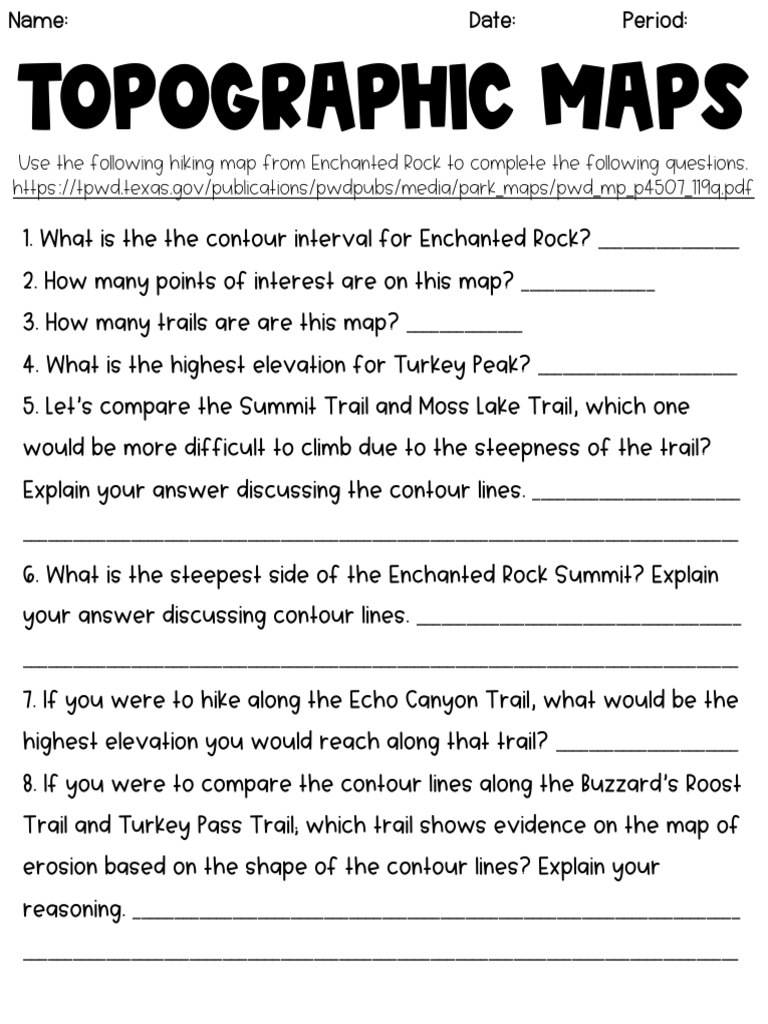 Contour Lines Topographic Map Worksheets