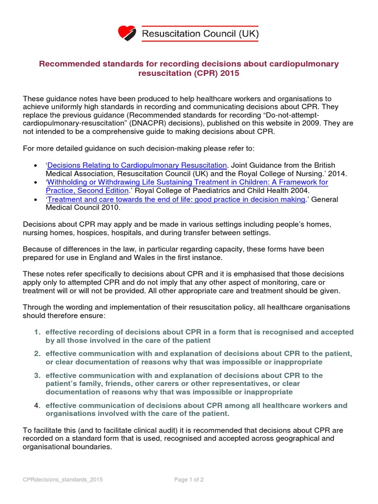 Recommended Standards For Recording Decisions About Cardiopulmonary ...
