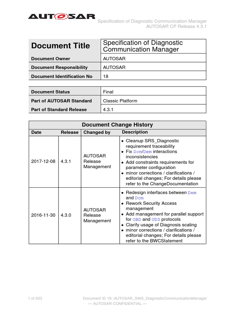 AUTOSAR SWS DiagnosticCommunicationManager PDF | PDF | Specification (Technical Standard ...