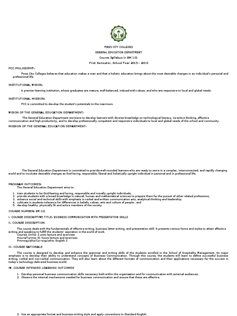 BM101 Syllabus | PDF | Lecture | Proofreading