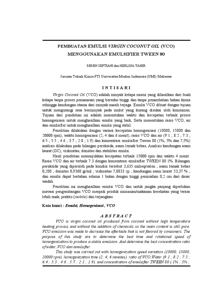 Dokumen - Tips Pembuatan Emulsi Vco Menggunakan Emulsifier Tween 80 | PDF