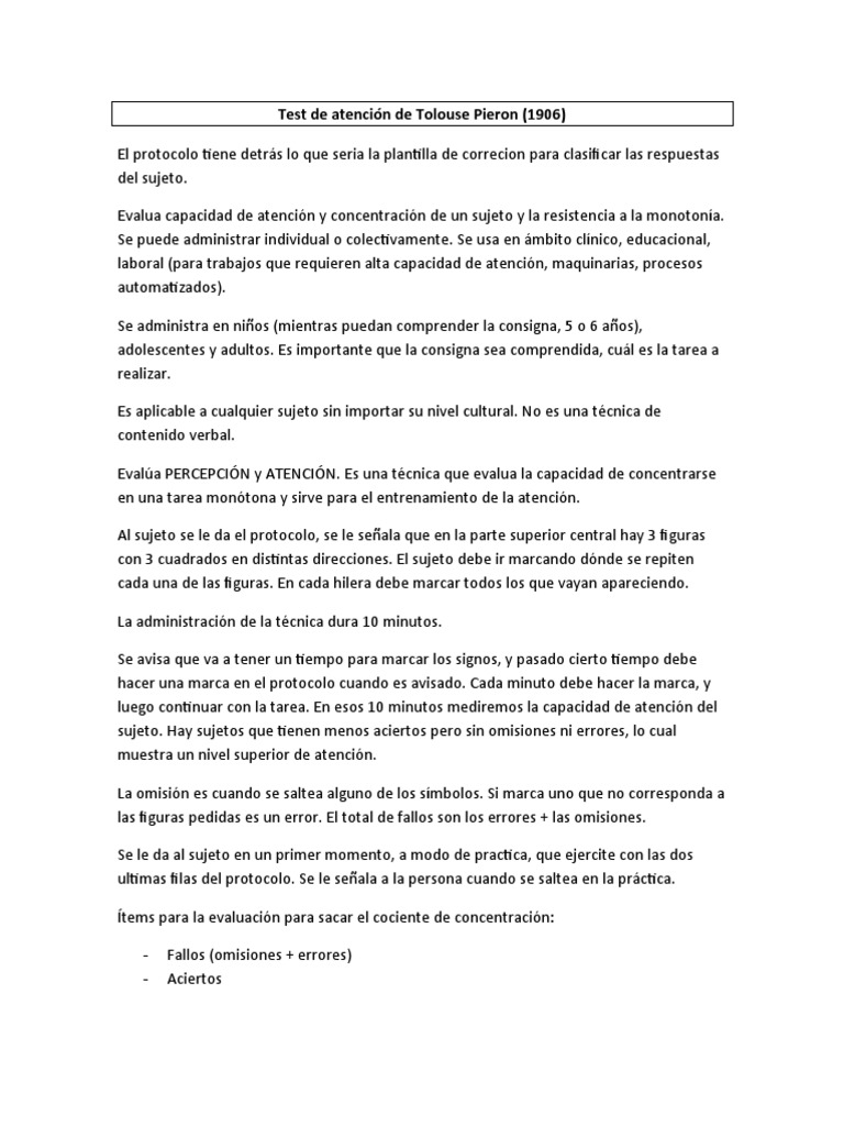TECNICAS 1 CLASE Test de Atención de Toulouse Pieron | PDF ...
