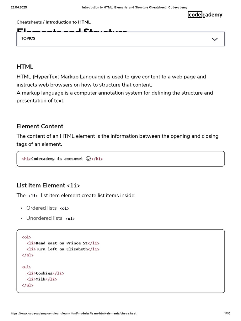 Introduction To HTML - Elements and Structure Cheatsheet - Codecademy | PDF | Html Element | Html