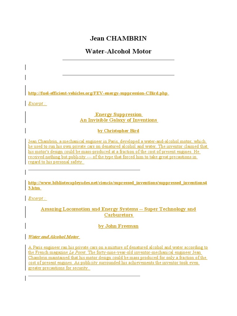 Water Alcohol Motor Jean Chambrin | PDF | Engines | Carburetor