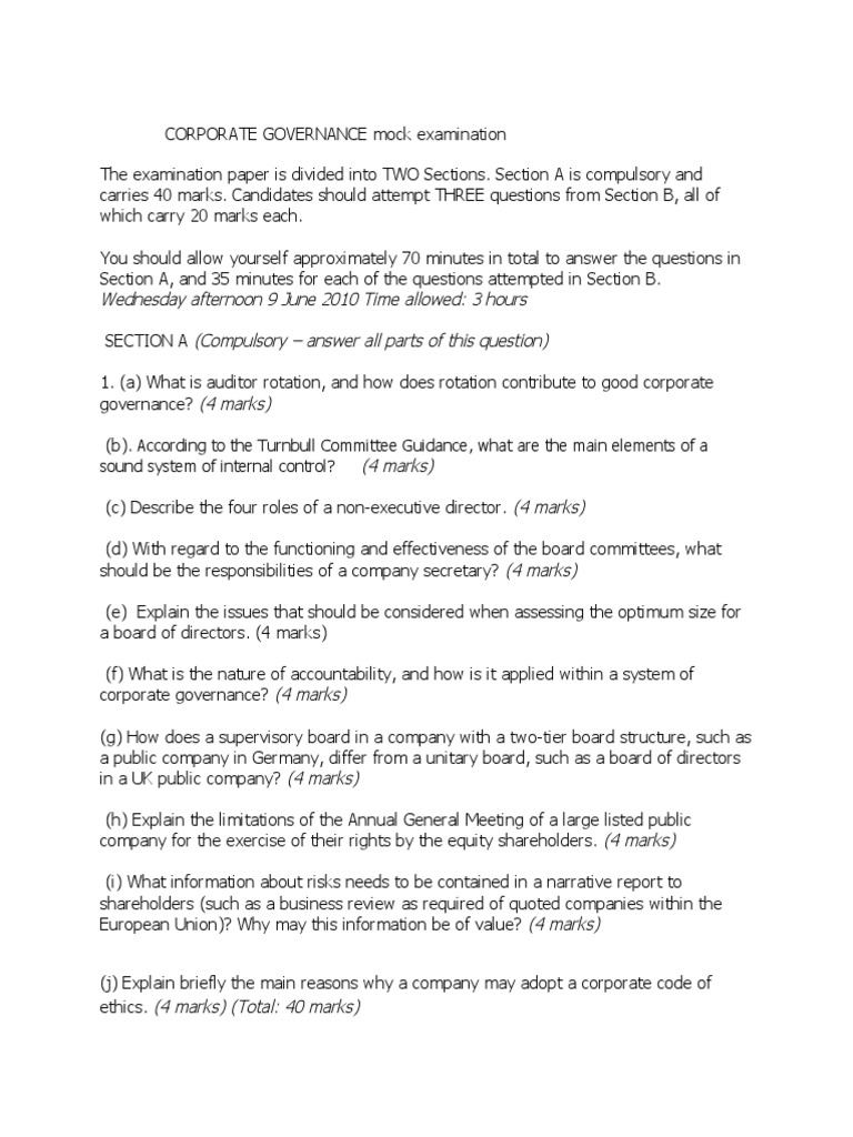 Corporate Governance Mock Examination | PDF | Corporate Governance ...