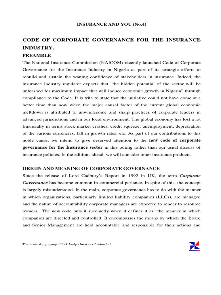 Insurance Code Boosts Governance | PDF | Board Of Directors | Corporate ...