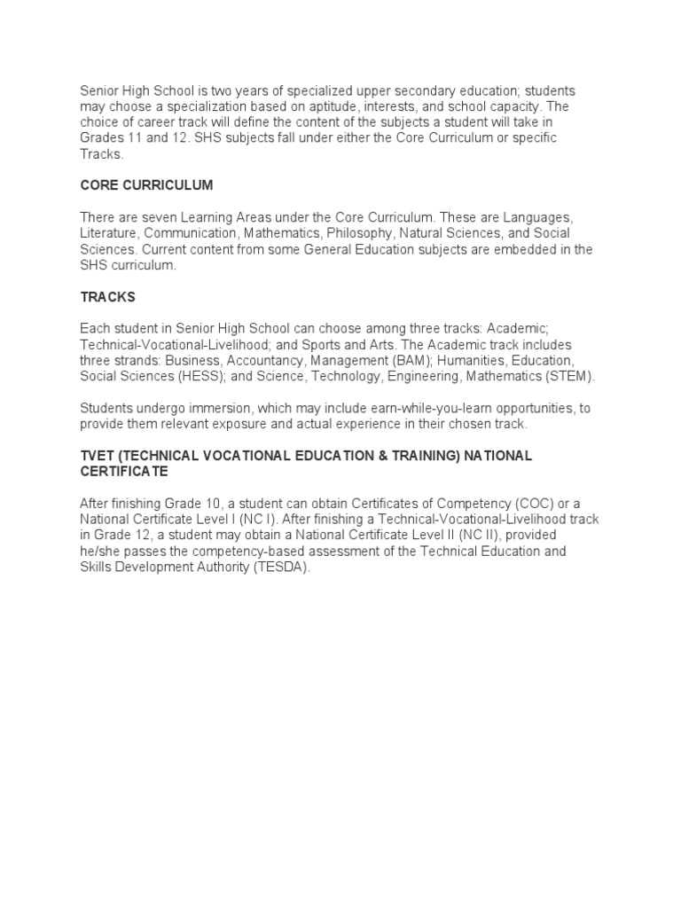 Senior High School Is Two Years of Specialized Upper Secondary ...