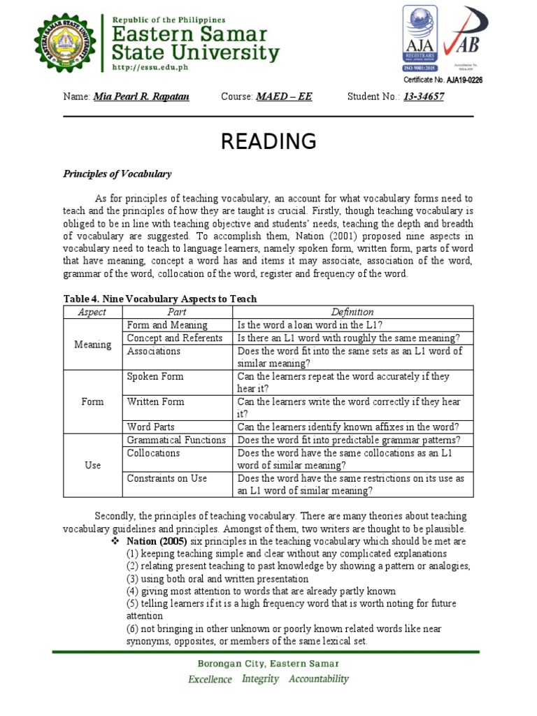 Reading: Principles of Vocabulary | PDF | Reading Comprehension ...