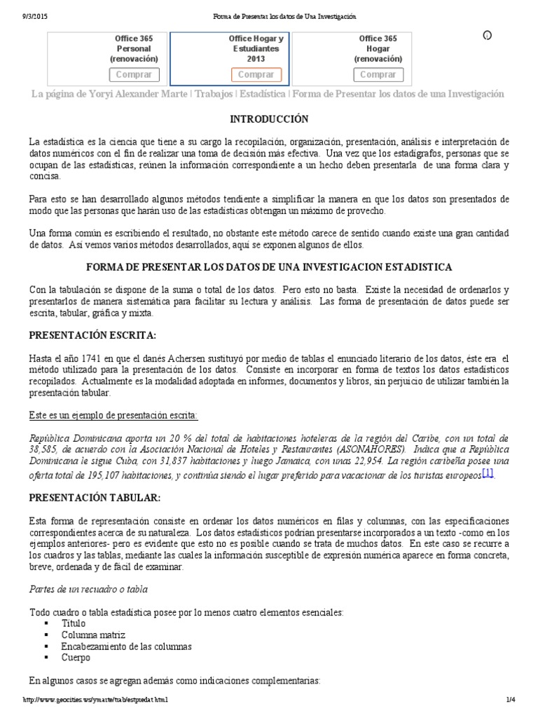 Forma de Presentar Los Datos en Una Investigacion | PDF | Estadísticas ...