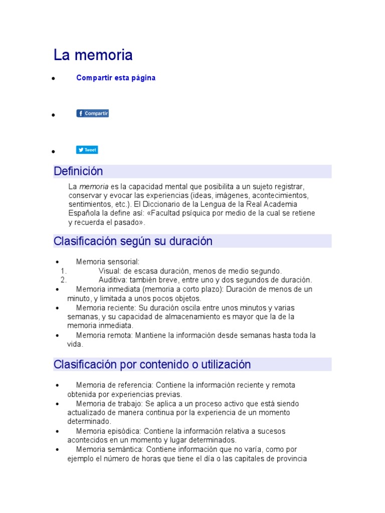 Tipos de Memoria: Inmediata, Reciente y Remota | PDF | Memoria ...