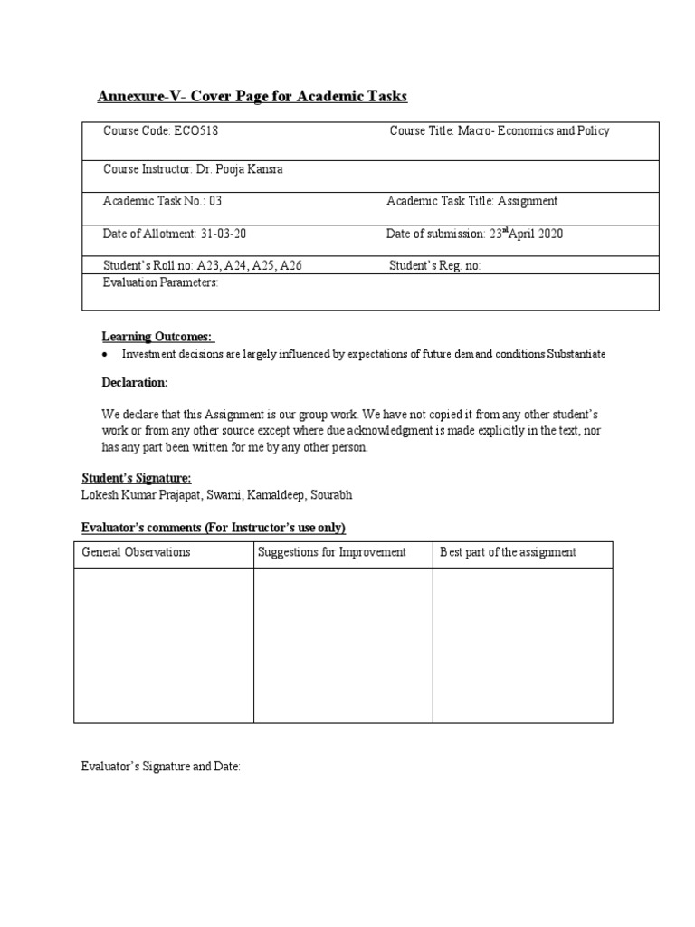 Annexure-V-Cover Page For Academic Tasks: Learning Outcomes | PDF ...