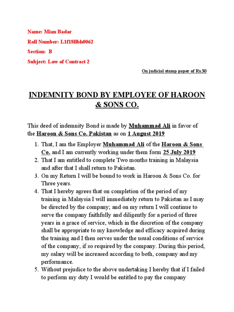 Employee Indemnity Bond Template | PDF | Finance & Money Management