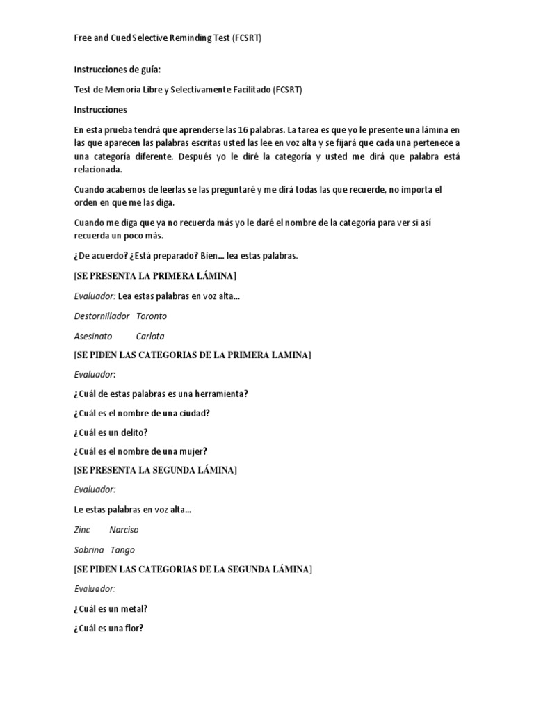 FCSRT Instrucciones | PDF