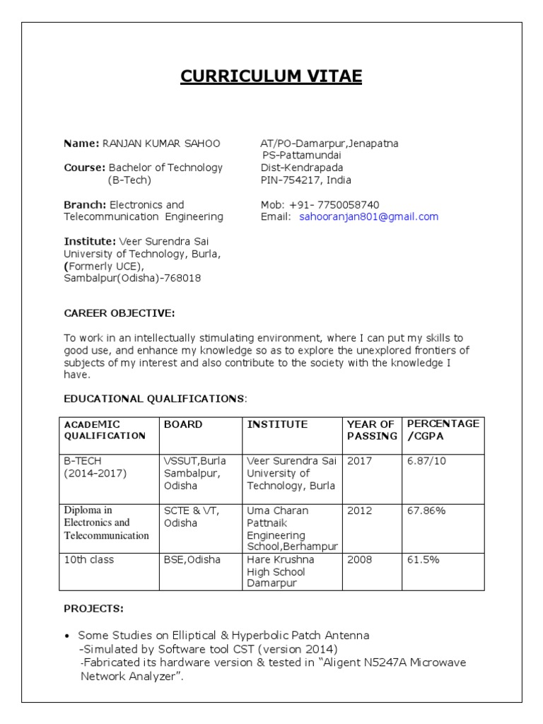 Curriculum Vitae: Name: Ranjan Kumar Sahoo Course: Bachelor of ...