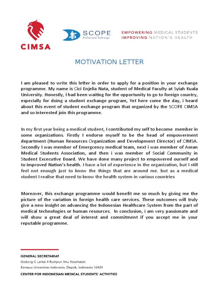 Motivation Letter for Exchange Program | PDF | Empowerment ...