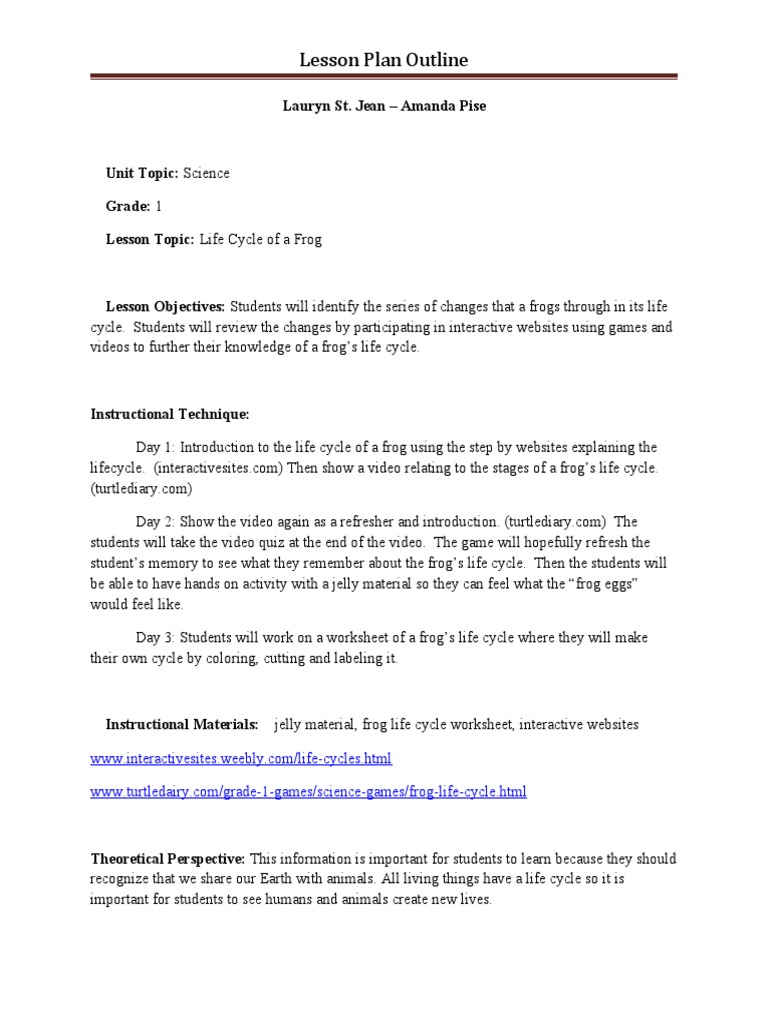 Lesson Plan Outline Life Cycle of A Frog | PDF | Lesson Plan ...