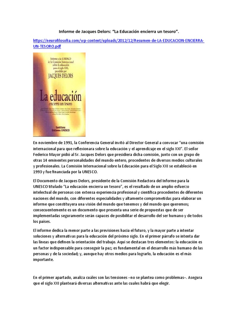 Informe de Jacques Delors - Resumen | PDF | Aprendizaje | Conocimiento