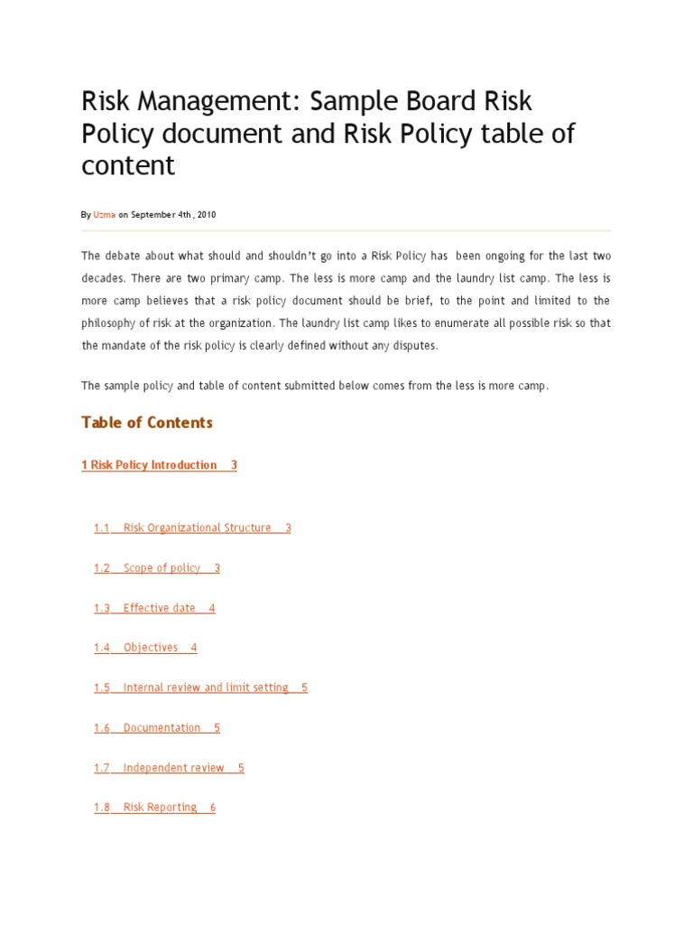 Risk Management: Sample Board Risk Policy Document and Risk Policy ...