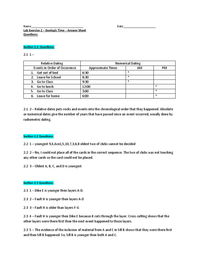 Lab Exercise 2 - Geologic Time - Answer Sheet Questions:: Name - Date ...