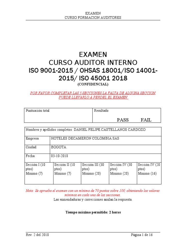 Examen de Auditor Interno Iso 9001 Iso 14001 Iso 45001 Ohsas 18001 | PDF | Prueba (evaluación ...