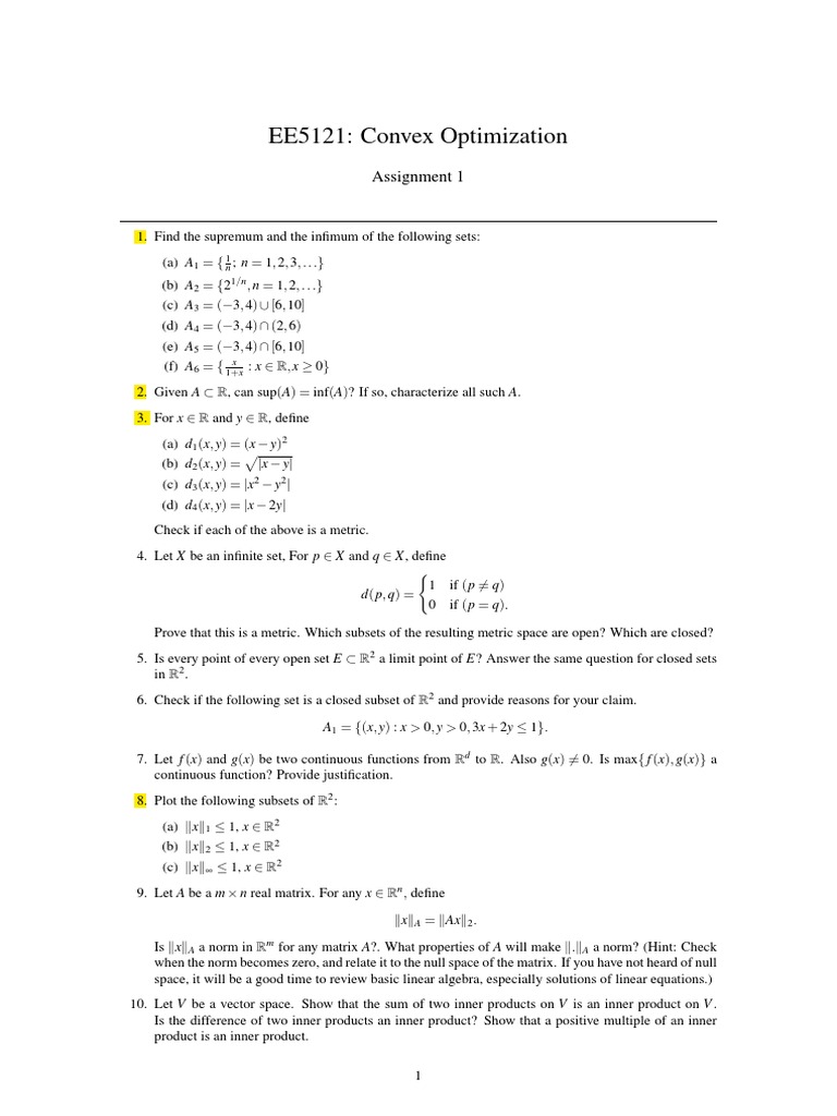 EE5121: Convex Optimization: Assignment 1 | PDF | Abstract Algebra | Geometry