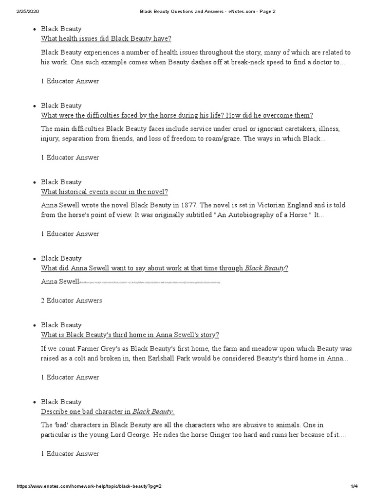 Black Beauty Q&A for Students | PDF | Black Beauty